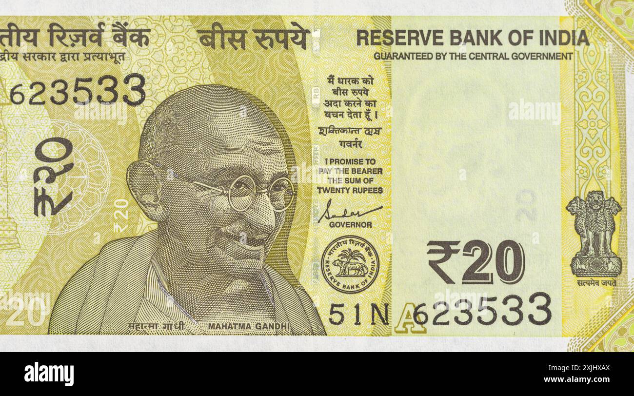 Close up of a Mahatma Gandhi Portrait On India 20 Rupees Banknote Stock ...