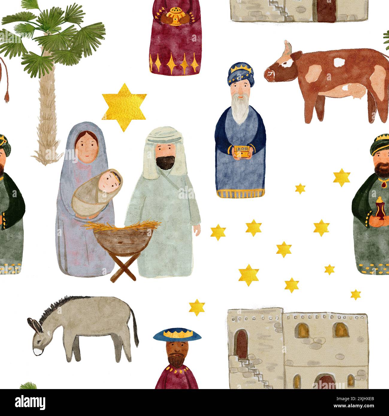 Christmas nativity scene seamless pattern in watercolor on white ...
