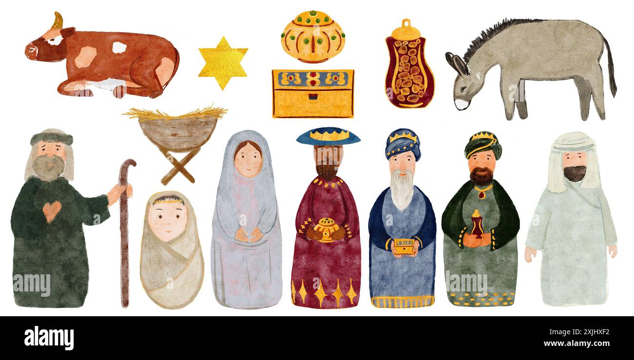 Christmas nativity set in watercolor isolated on white. Mary with baby ...