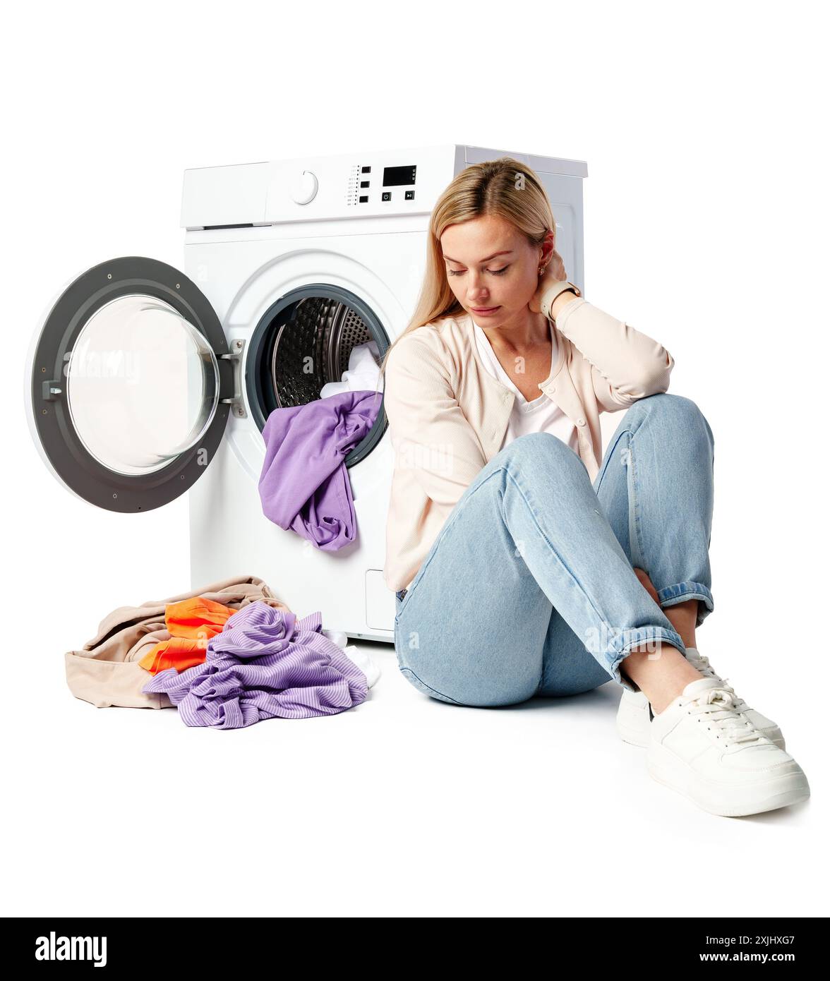 Frustrated Woman Sitting Near Laundry Machine and Clothes on white ...