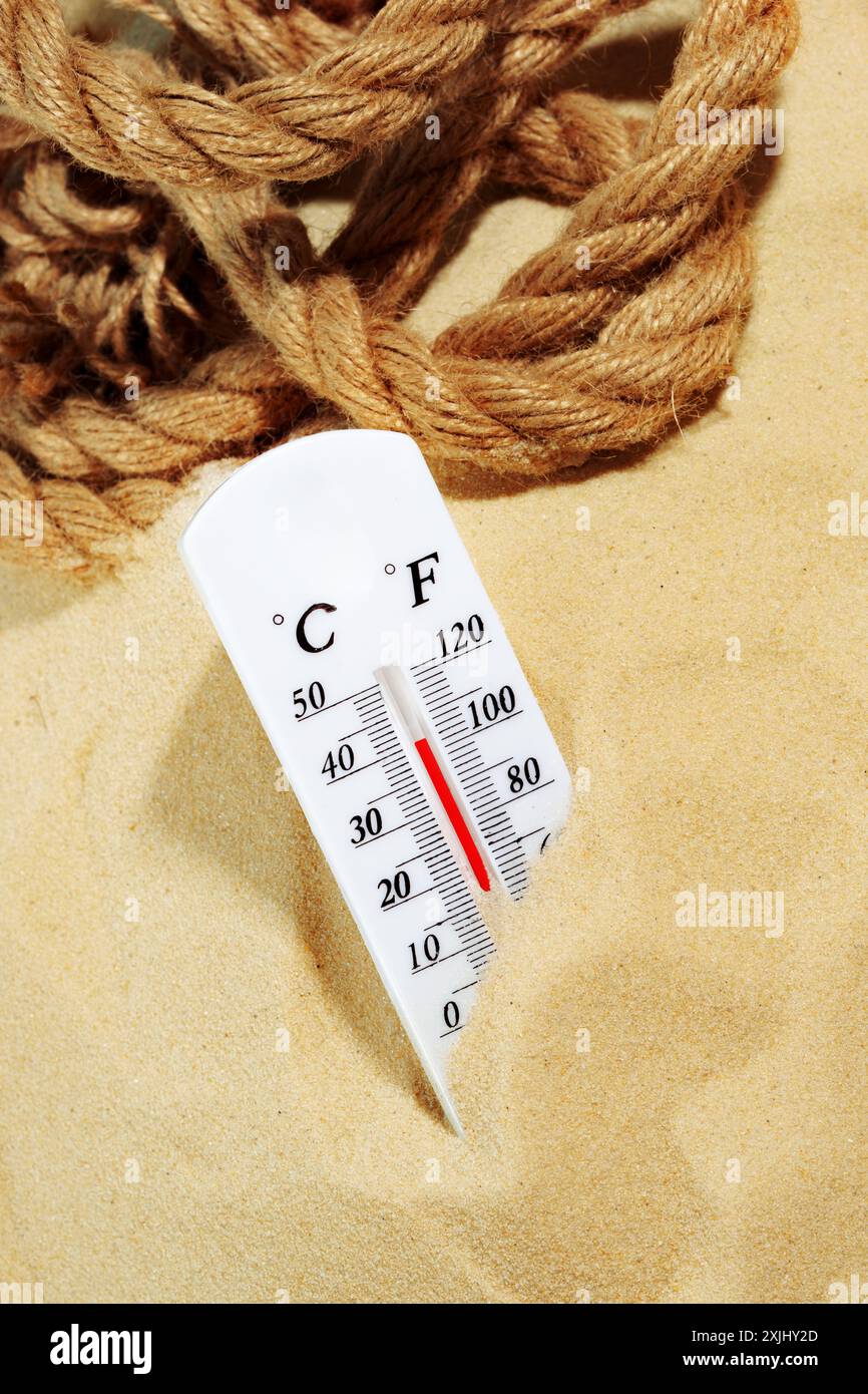 Thermometer In Sand With Rope Showing Hot Summer Day Temperature Stock ...