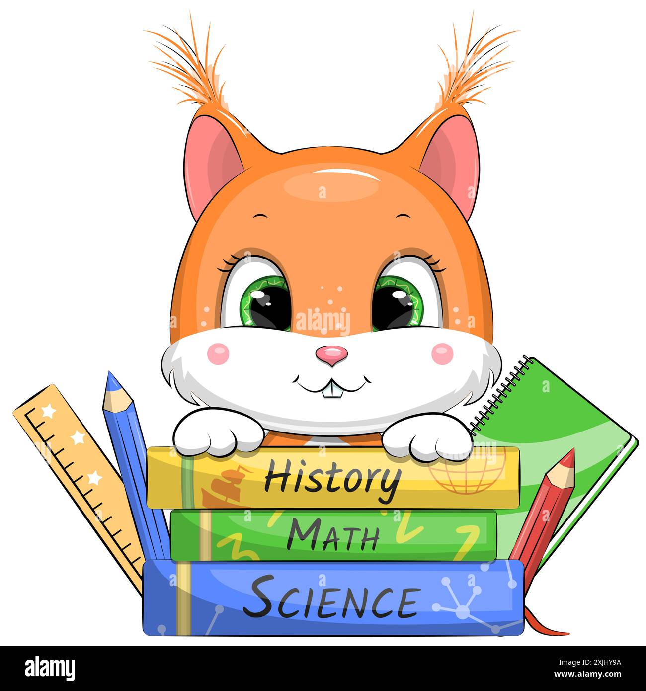 Cute cartoon squirrel with school books, pencils, notebook and ...