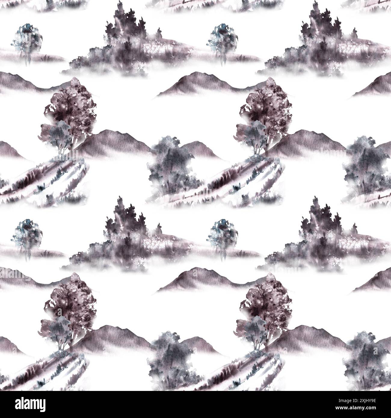 Watercolor landscape mountains, trees, bushes in the meadow and hills ...