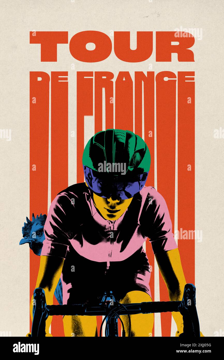 Poster. Contemporary art collage. Cyclist in dynamic motion, dressed in ...
