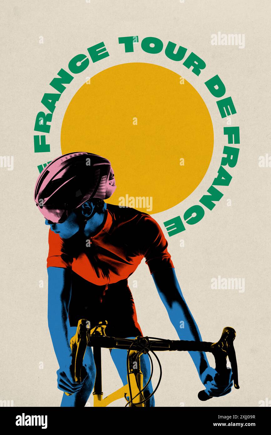 Poster. Contemporary art collage. Cyclist focused on competition riding ...