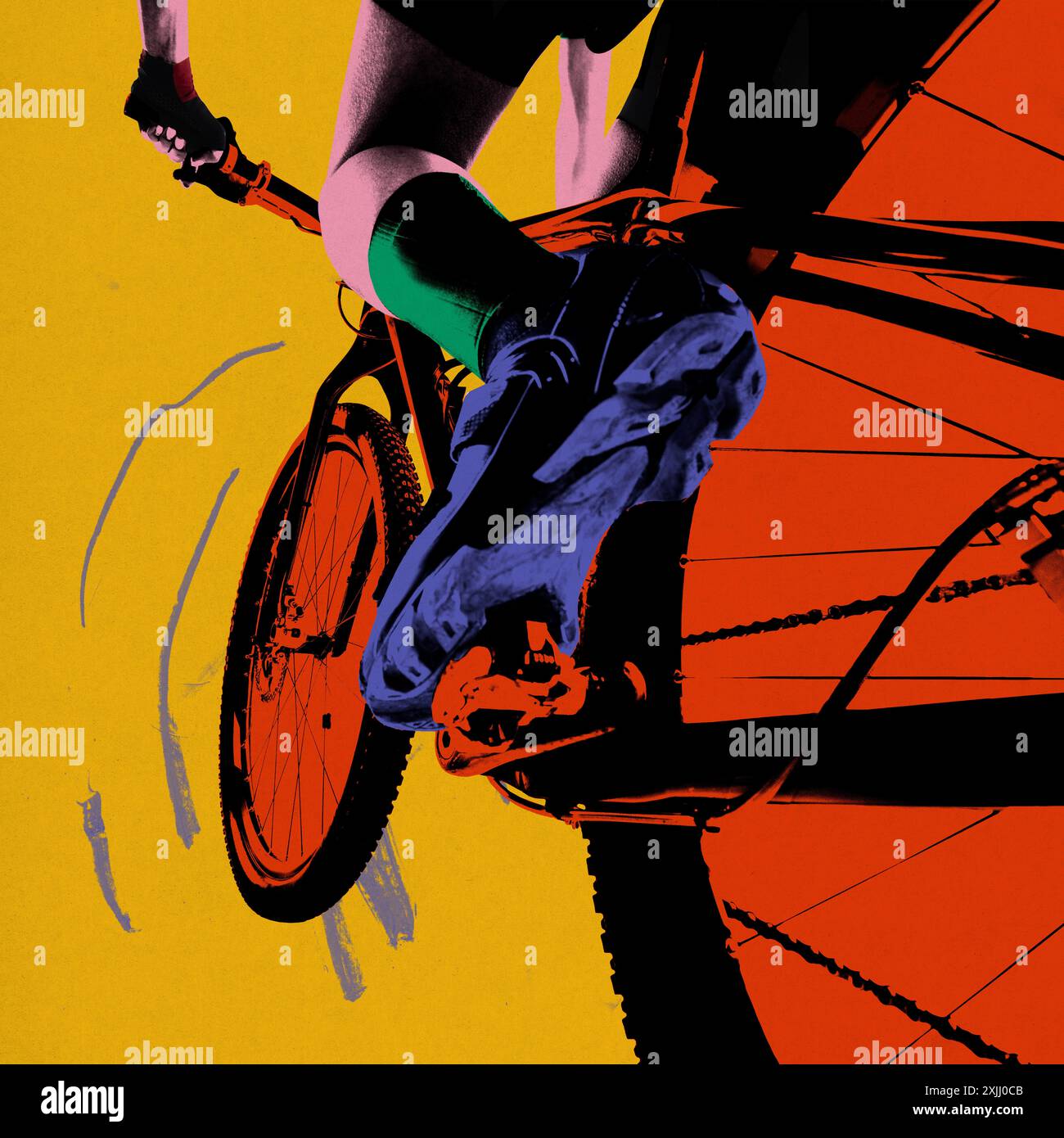 Poster. Contemporary art collage. Leg of cyclist stands on pedal, rider ...