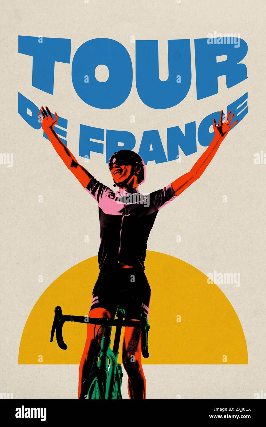 Poster. Contemporary art collage. triumphant cyclist crossing finish ...