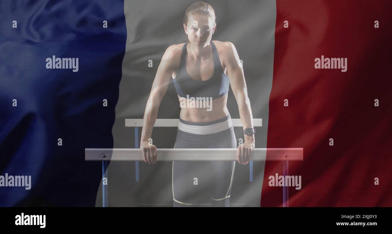 Image of flag of france over caucasian female runner. Global sports ...