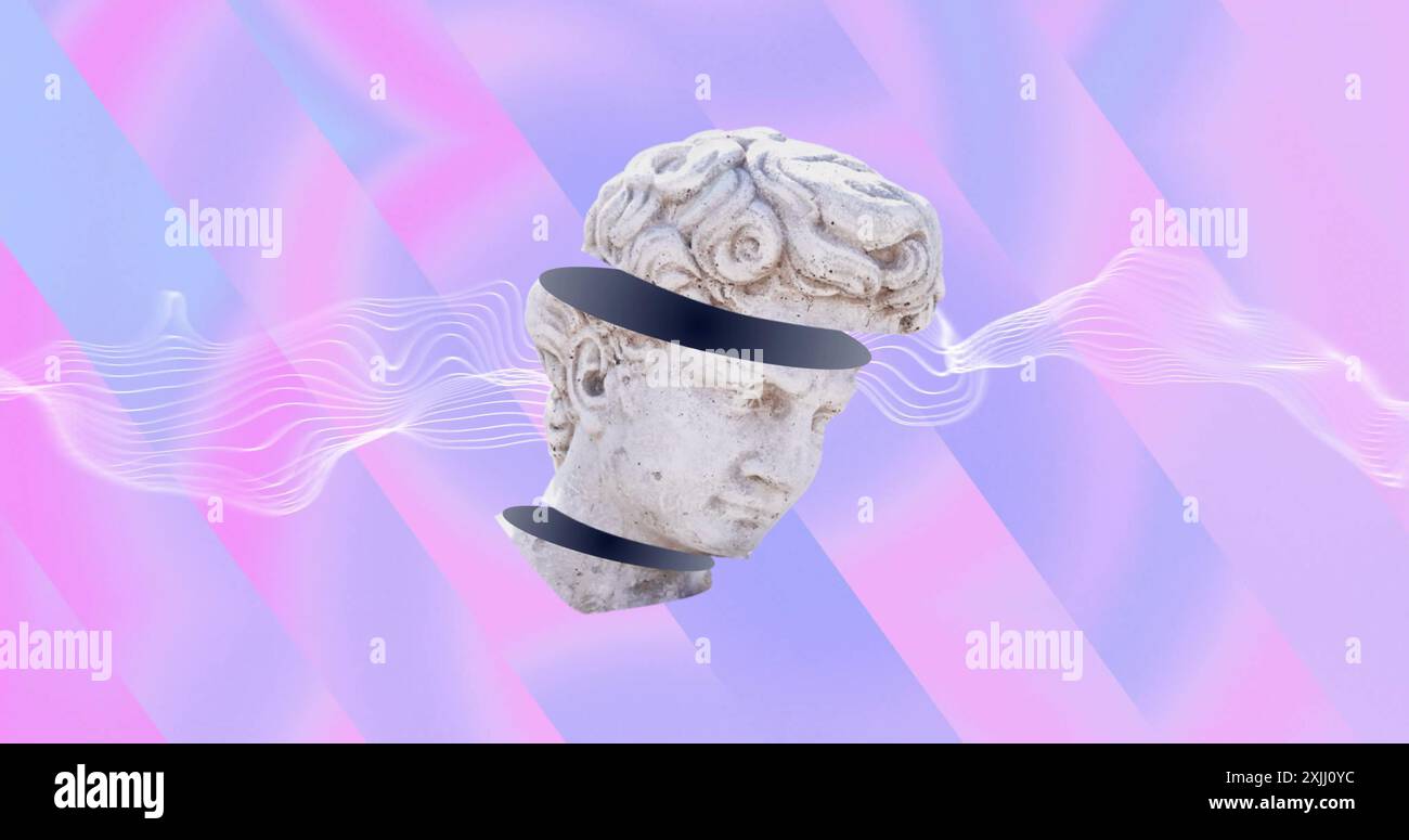 Image of ancient sculpture head moving over waving multi coloured ...