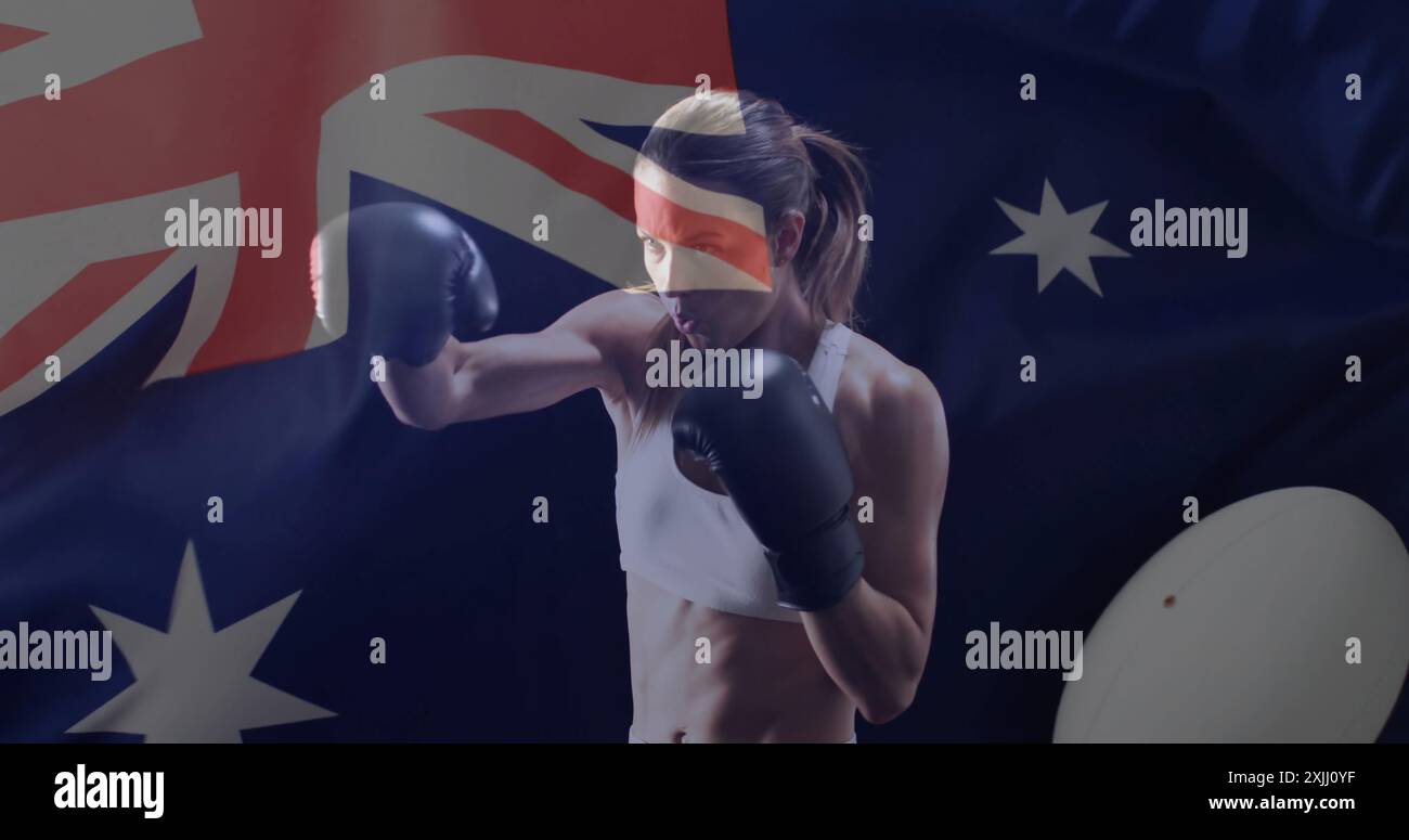 Image of flag of australia over caucasian female boxer. Global sports ...