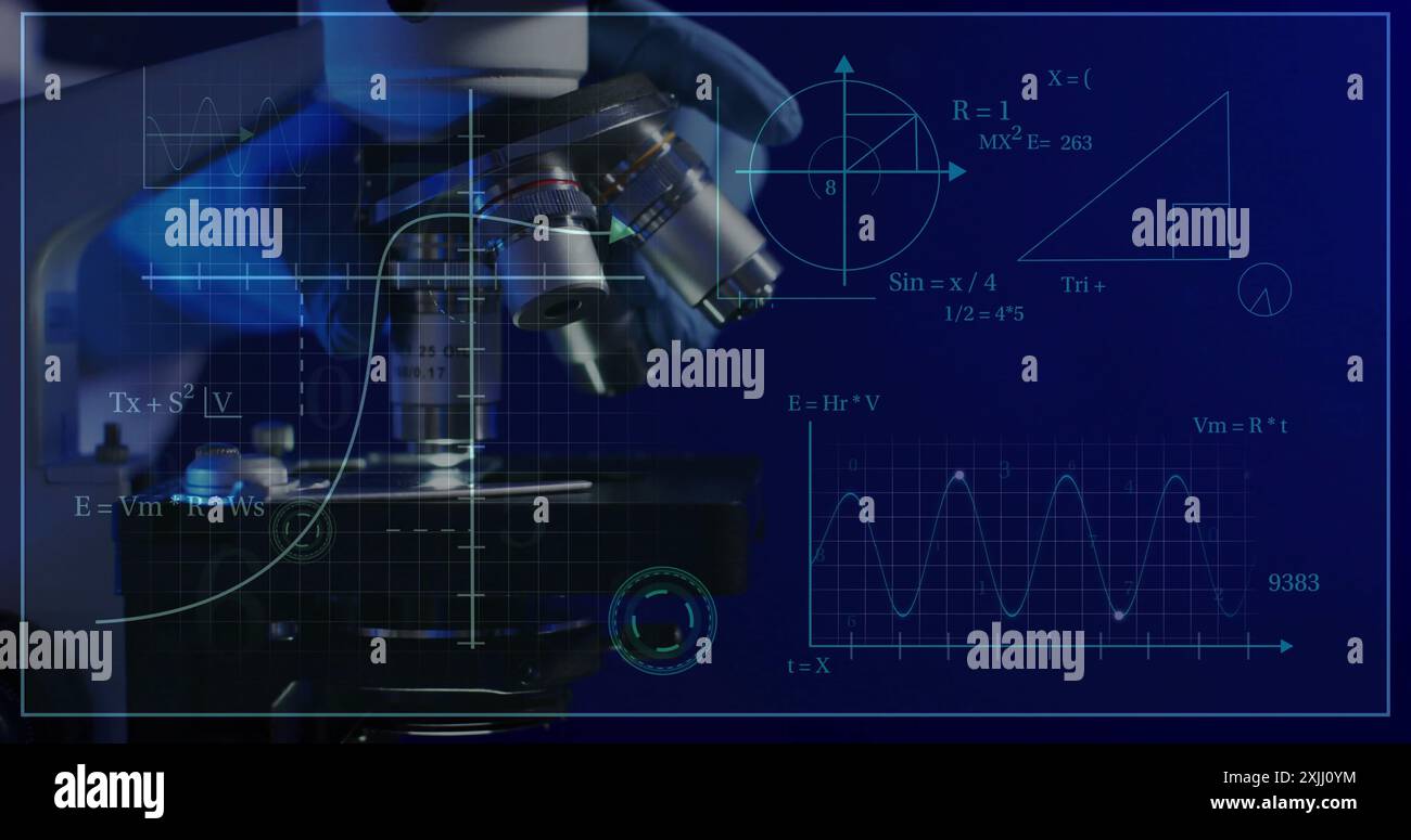 Image of scientific data processing over microscope in laboratory Stock ...