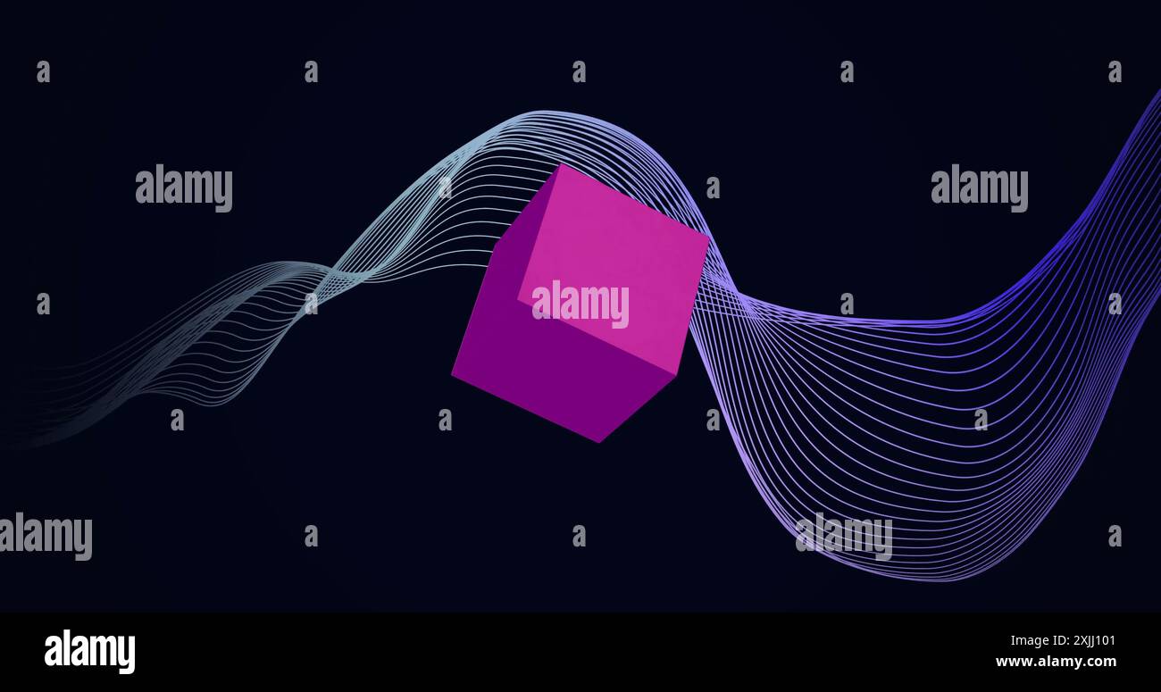 Image of purple cube and waving layers on black background Stock Photo - Alamy