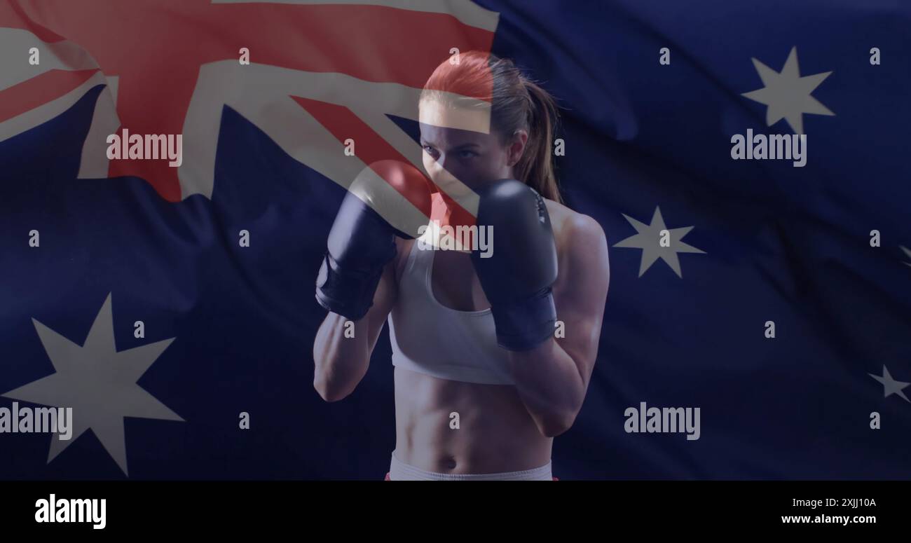 Image of flag of australia over caucasian female boxer. Global sports ...