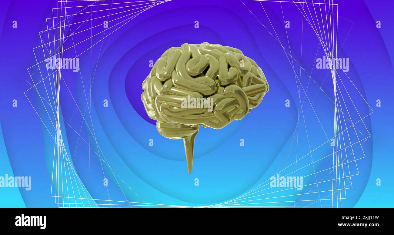 Image of rotating brain over 3d network structure on abstract blue background. Data, network, ai ...