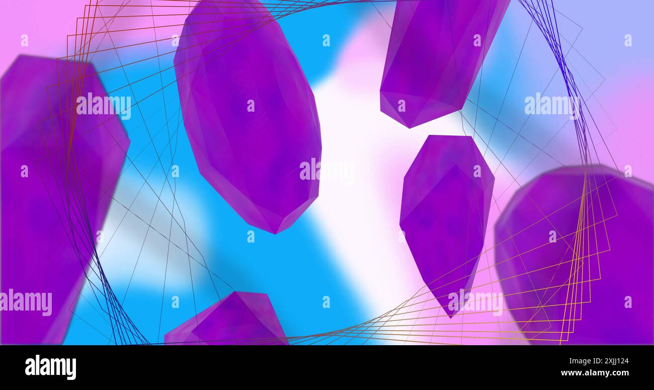 Image of network structure over 3d purple shapes rotating on soft pink ...