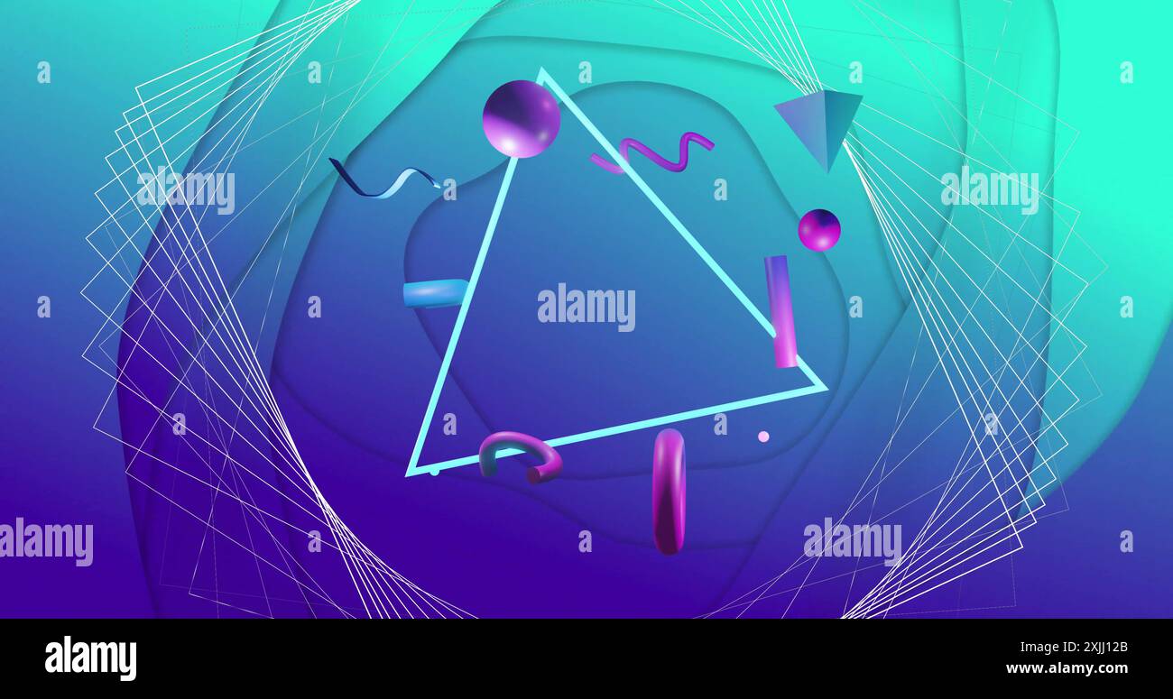 Image of 3d network structure with rotating triangle and 3d shapes on ...