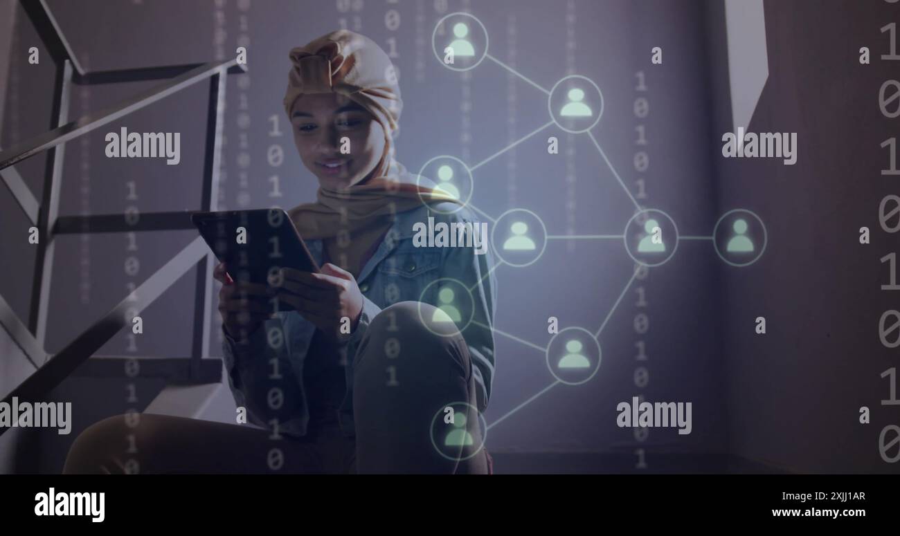 Image of ai binary coding and data over biracial female student using tablet. Global artificial ...