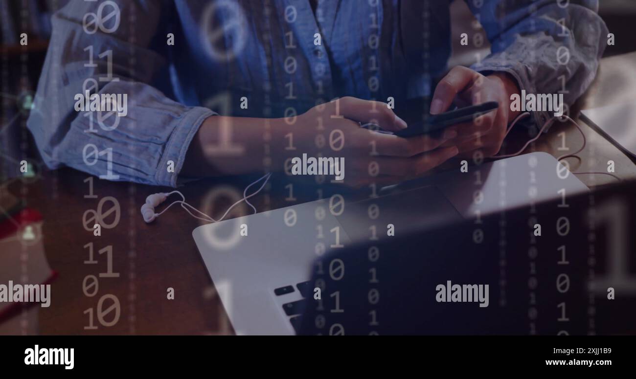 Image of ai binary coding and data over biracial female student using smartphone. Global ...