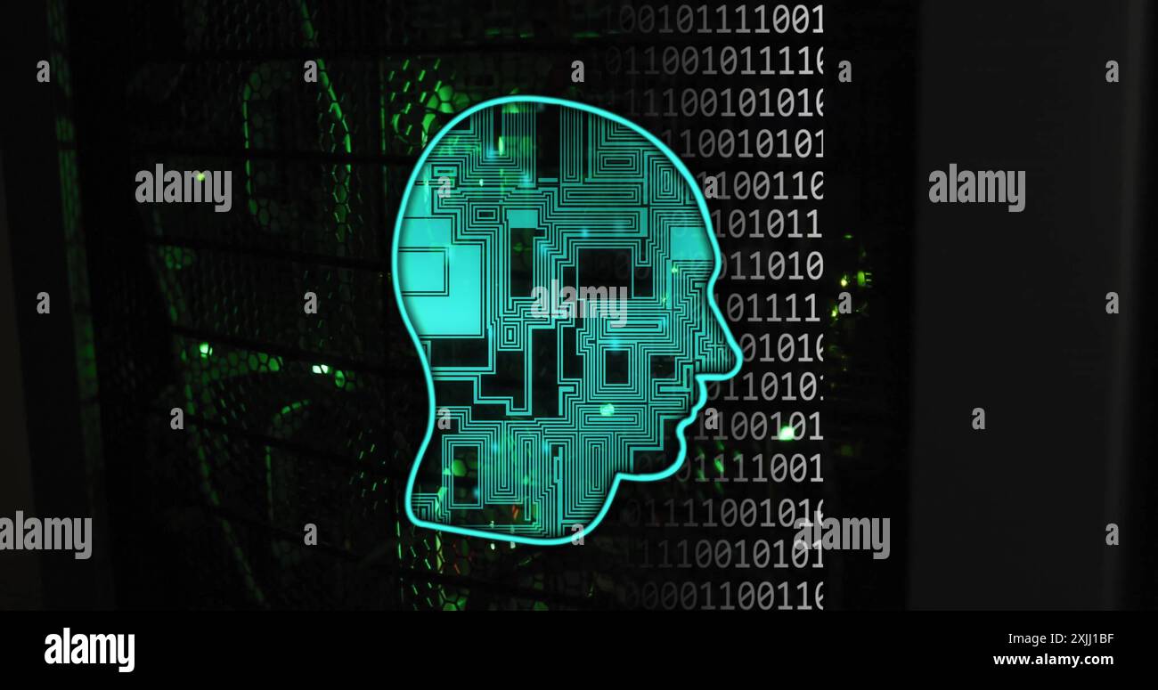 Image of head, binary coding and data processing over black background. Global artificial ...