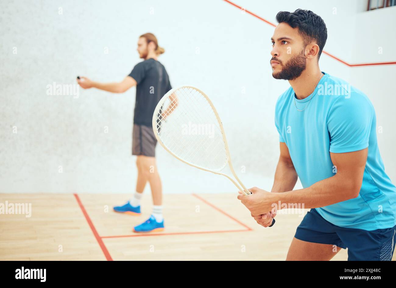 Athlete, men and sports for squash exercise with racket for challenge ...