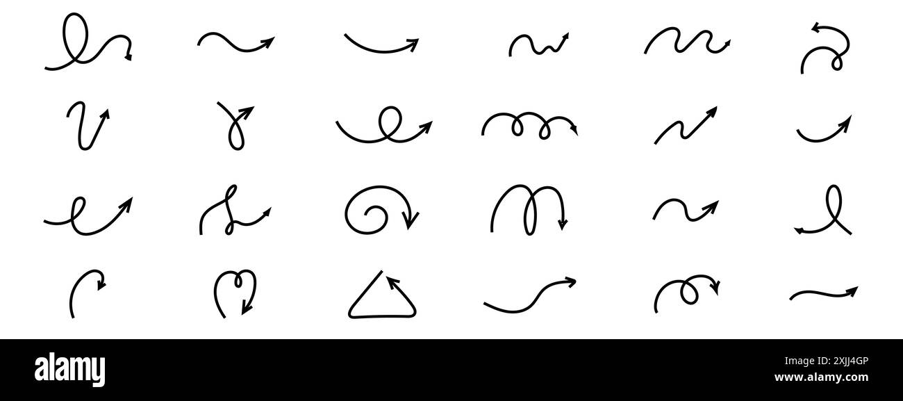 Spiral arrow doodle, wavy twist minimal squiggly line set. Curve comic ...