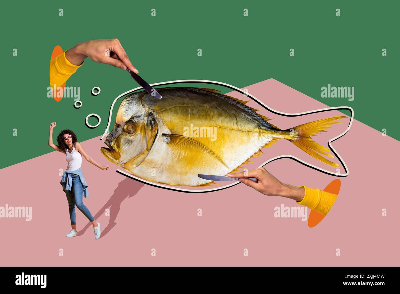 Creative collage picture young woman disco clubber fish seafood menu ...