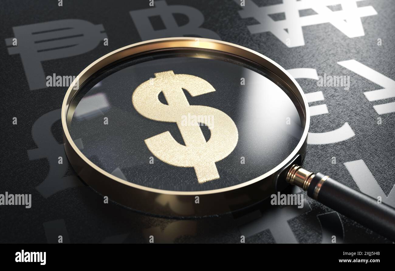 Magnifying glass over Dollar symbol. 3d illustration Stock Photo - Alamy