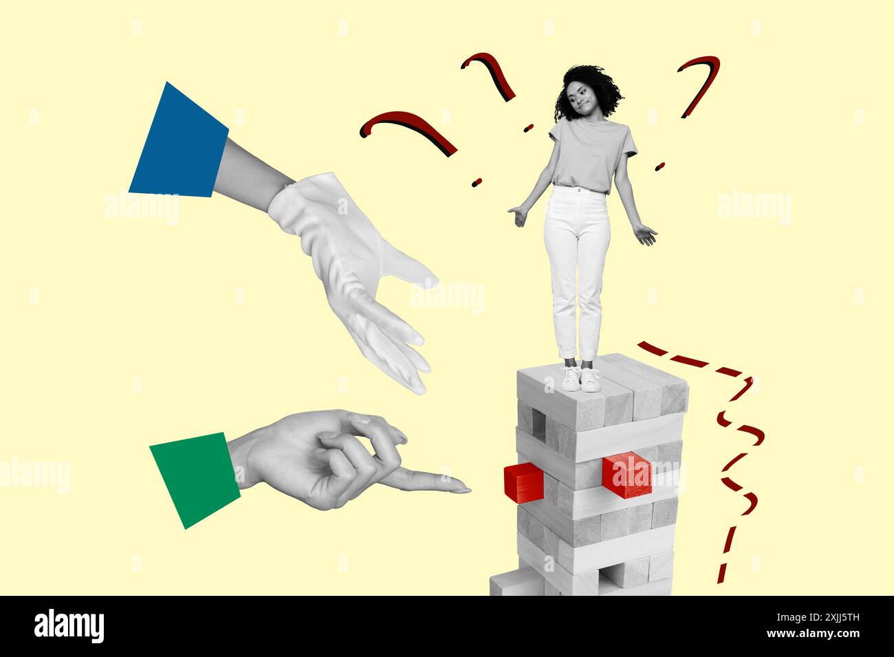Creative collage picture young girl clueless question mark dilemma ...