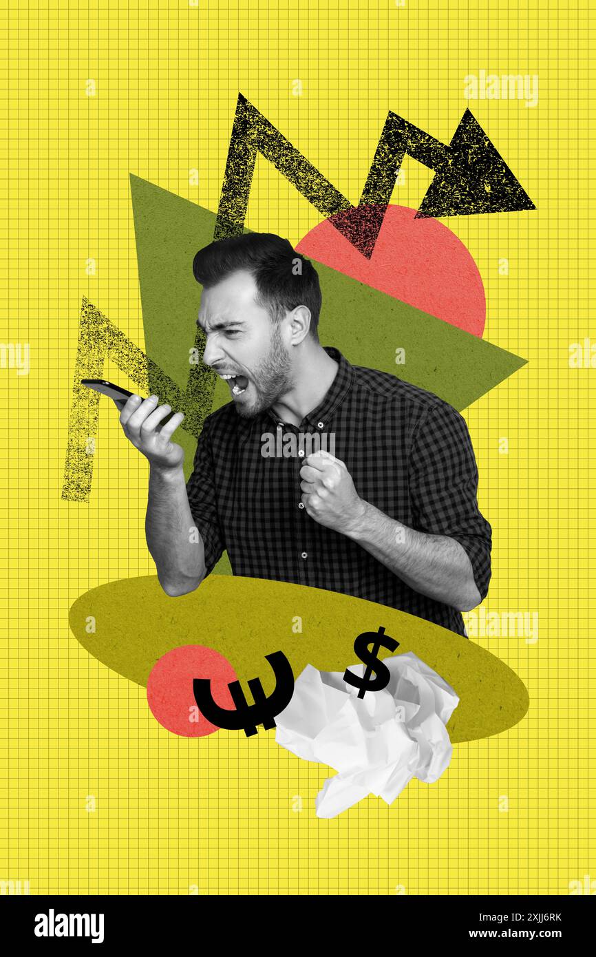 Vertical photo collage of angry man scream iphone device arrow down ...