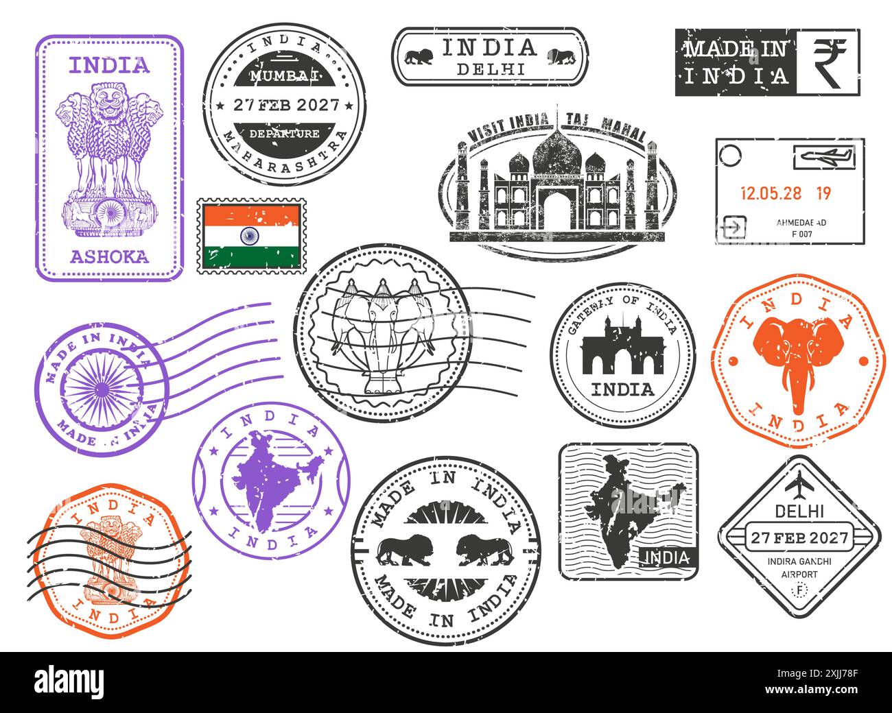India travel stamps set, postage stamps with symbols and cities of of Republic of India, vector ...