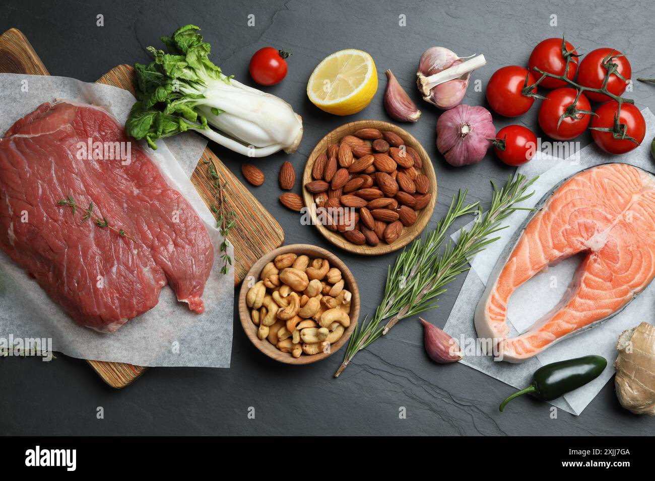 Flat lay composition with fresh meat and other products for balanced ...
