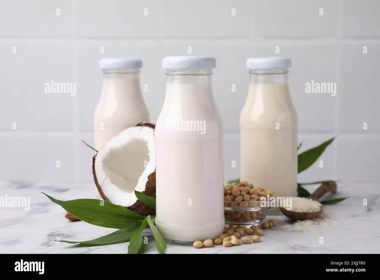 Different types of vegan milk in bottles with ingredients and green ...