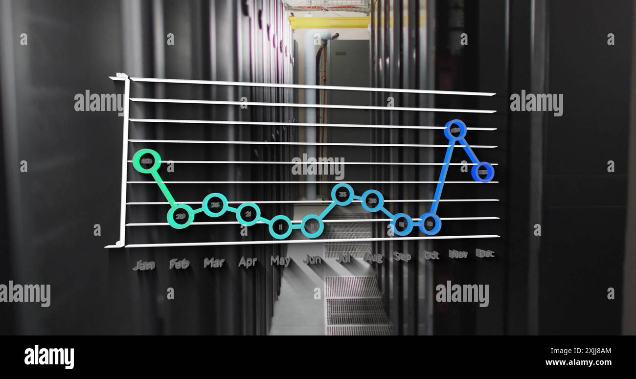 Image of monthly statistics on annual graph over dark computer server ...