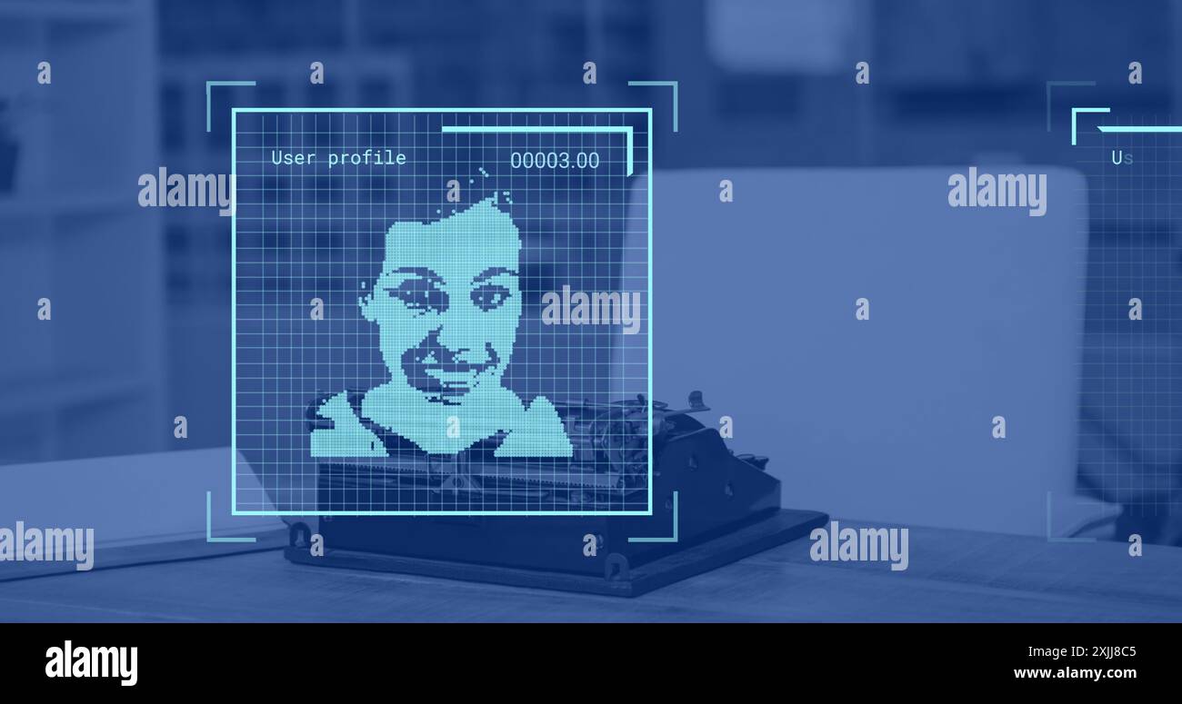 Image of biometric photos and data processing over work station in ...