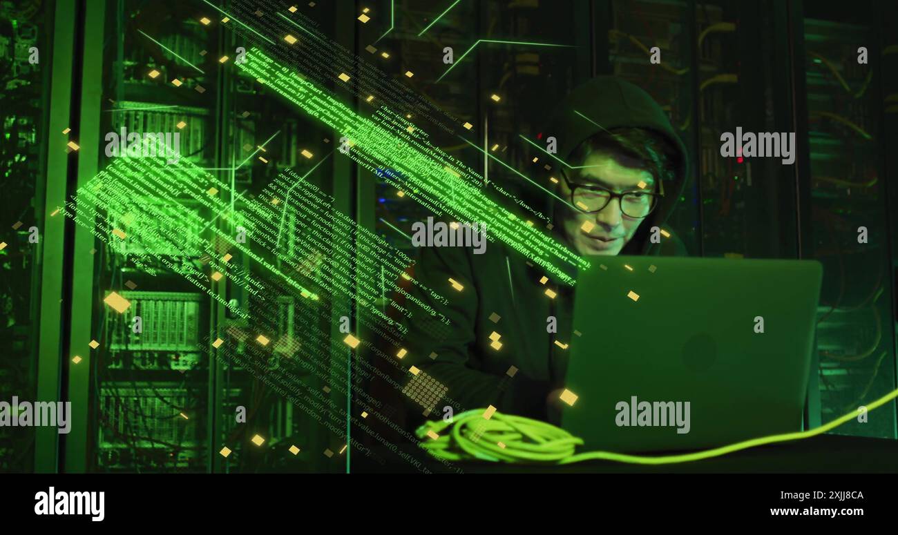 Image of circuit board and data processing over asian male it engineer by computer servers Stock ...