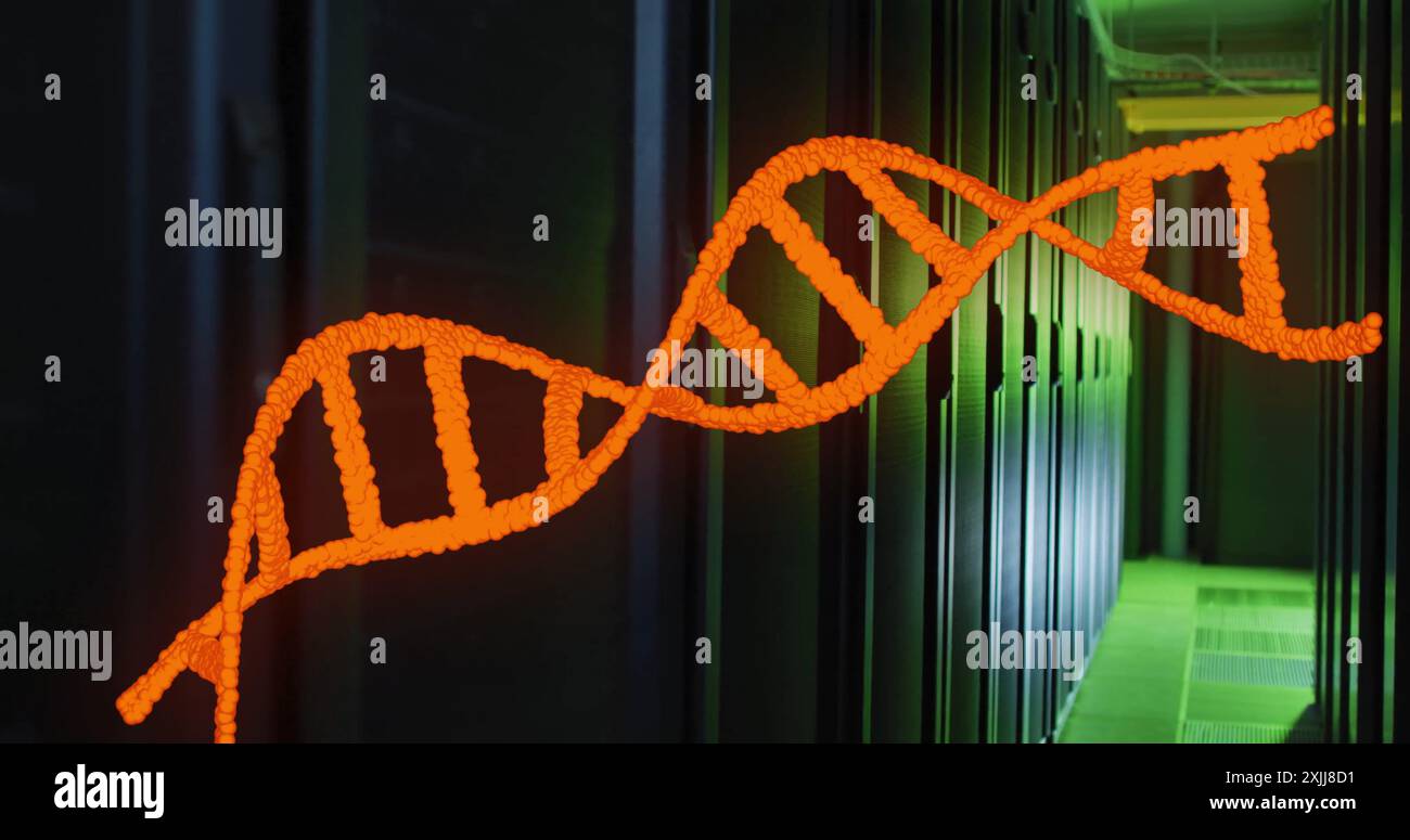 Image of orange dna strand rotating over dark computer server room ...