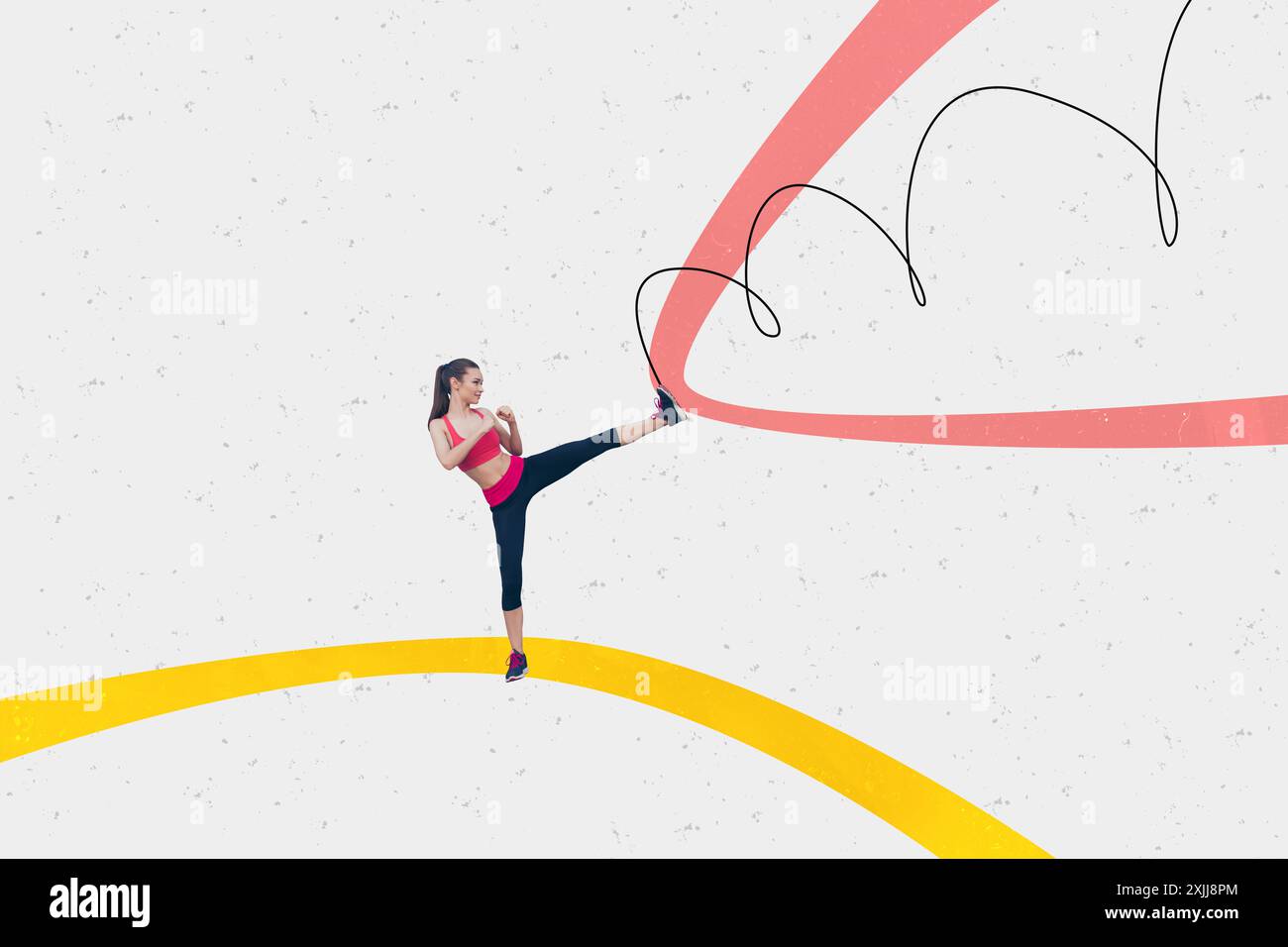 Creative collage picture young sporty woman kick martial arts training ...