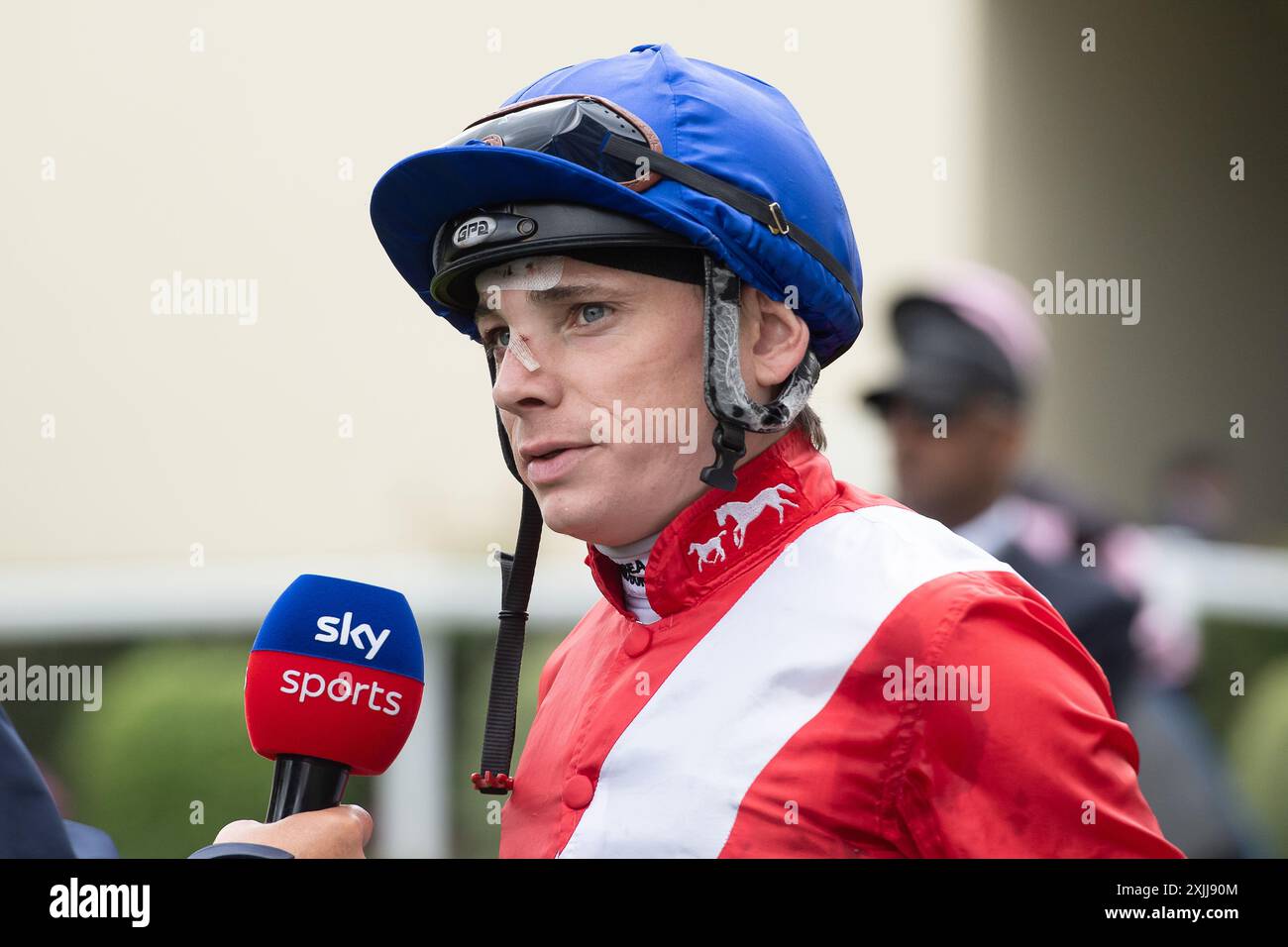 Ascot, Berkshire, UK. 13th July, 2024. Jockey Callum Shepherd received ...