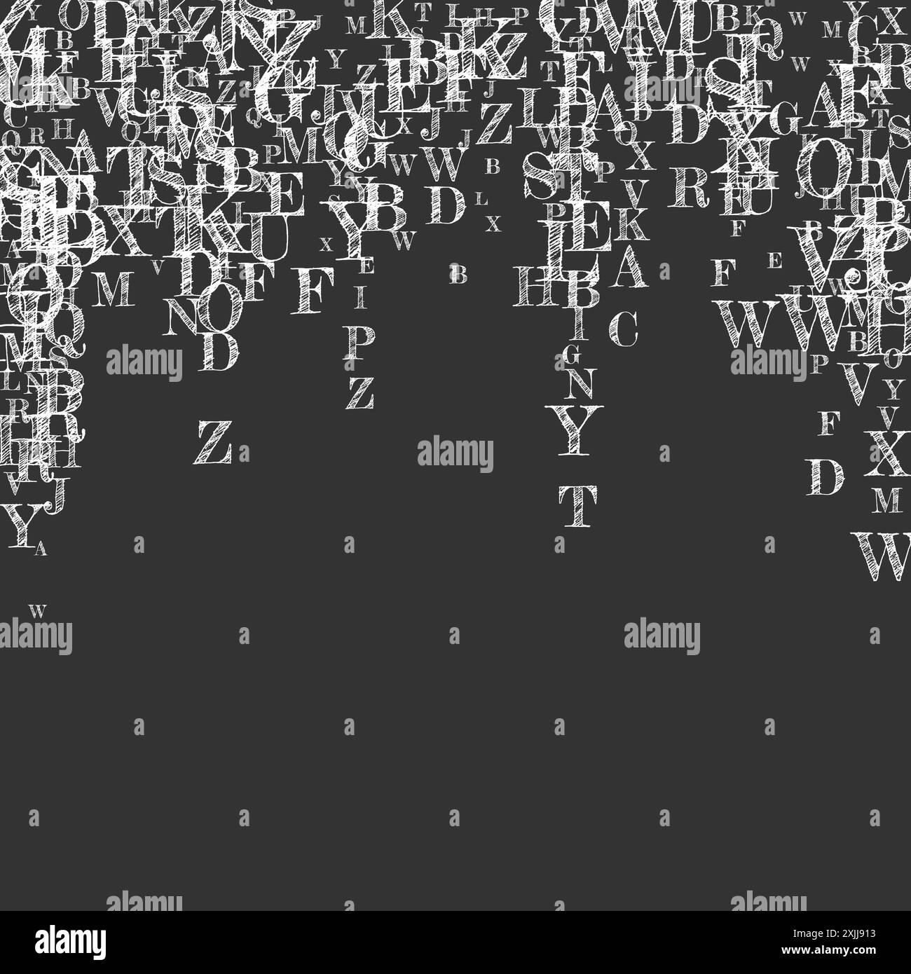 Scattered letters of latin alphabet. White chalk floating characters of ...