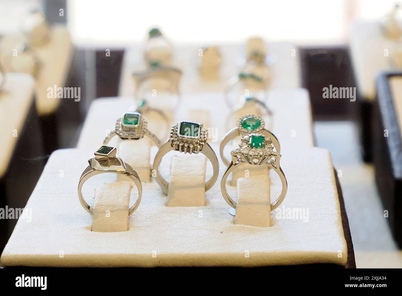 A presentation of emeralds in a store, Bogota, Colombia, Colombian emerald accounts for 70-90% ...