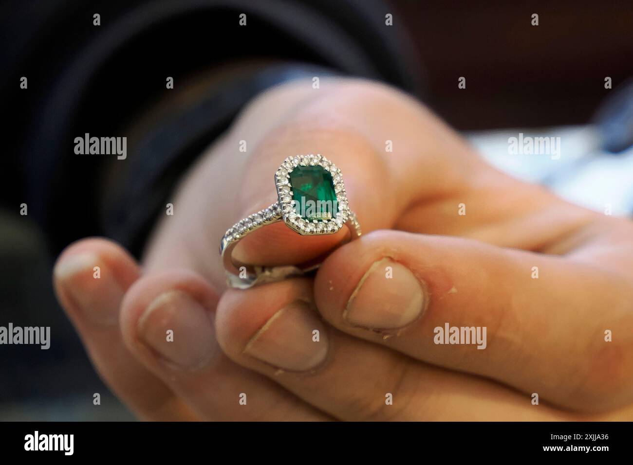 Emerald ring A presentation of emeralds in a store, Bogota, Colombia ...