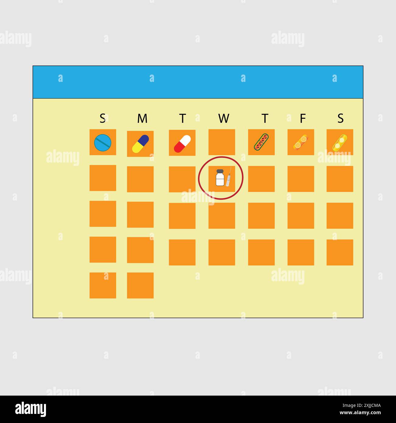 Calendar with marked day and daily medication schedule, pills, capsules ...