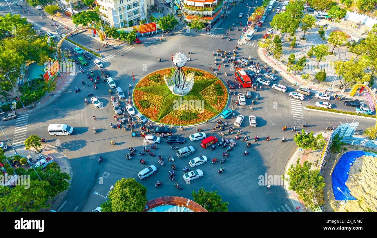 Aerial view of traffic jam on the roundabout in Nha Trang city ...