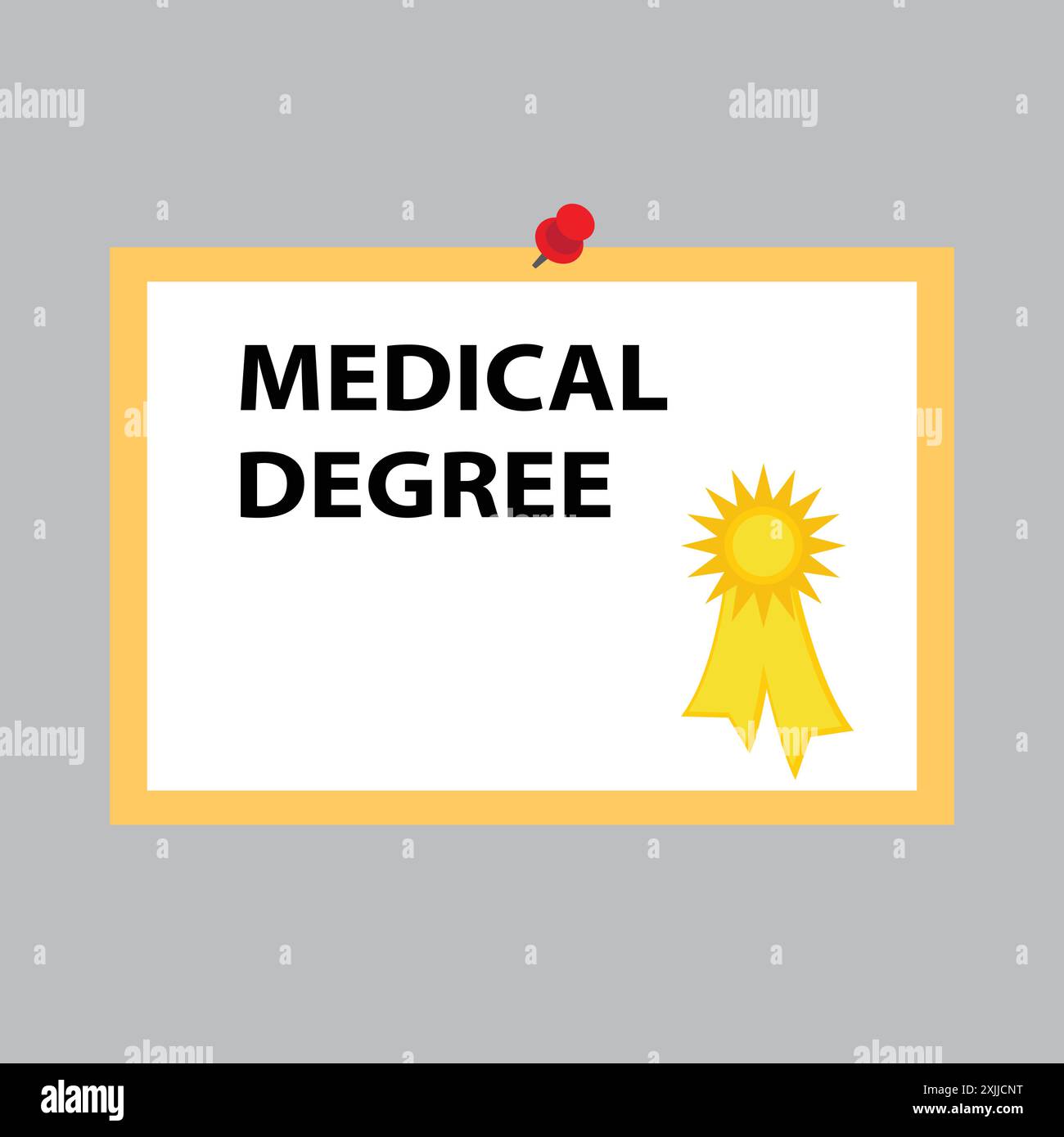 Document with yellow frame, rosette ribbon and text medical degree ...
