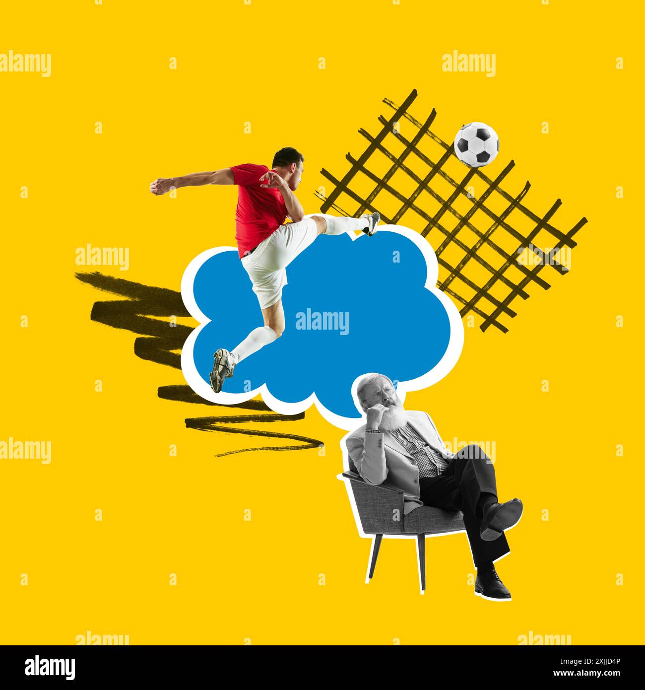 Elderly man, coach sitting on chair and having dynamic dream of playing ...