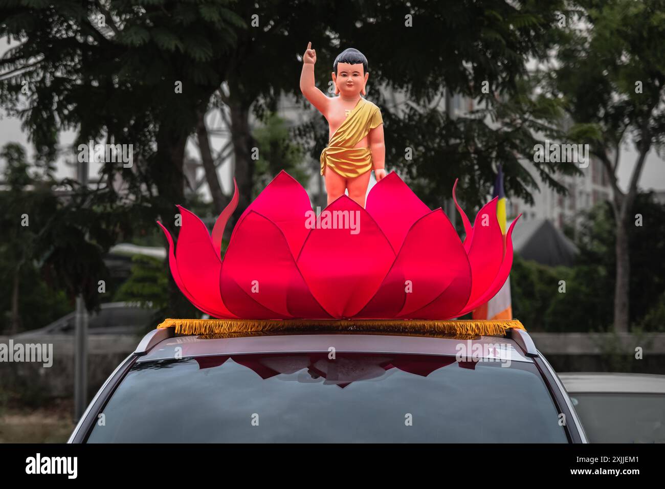 A holy child Buddha in red lotus flower, Gautama Buddah birthday ...