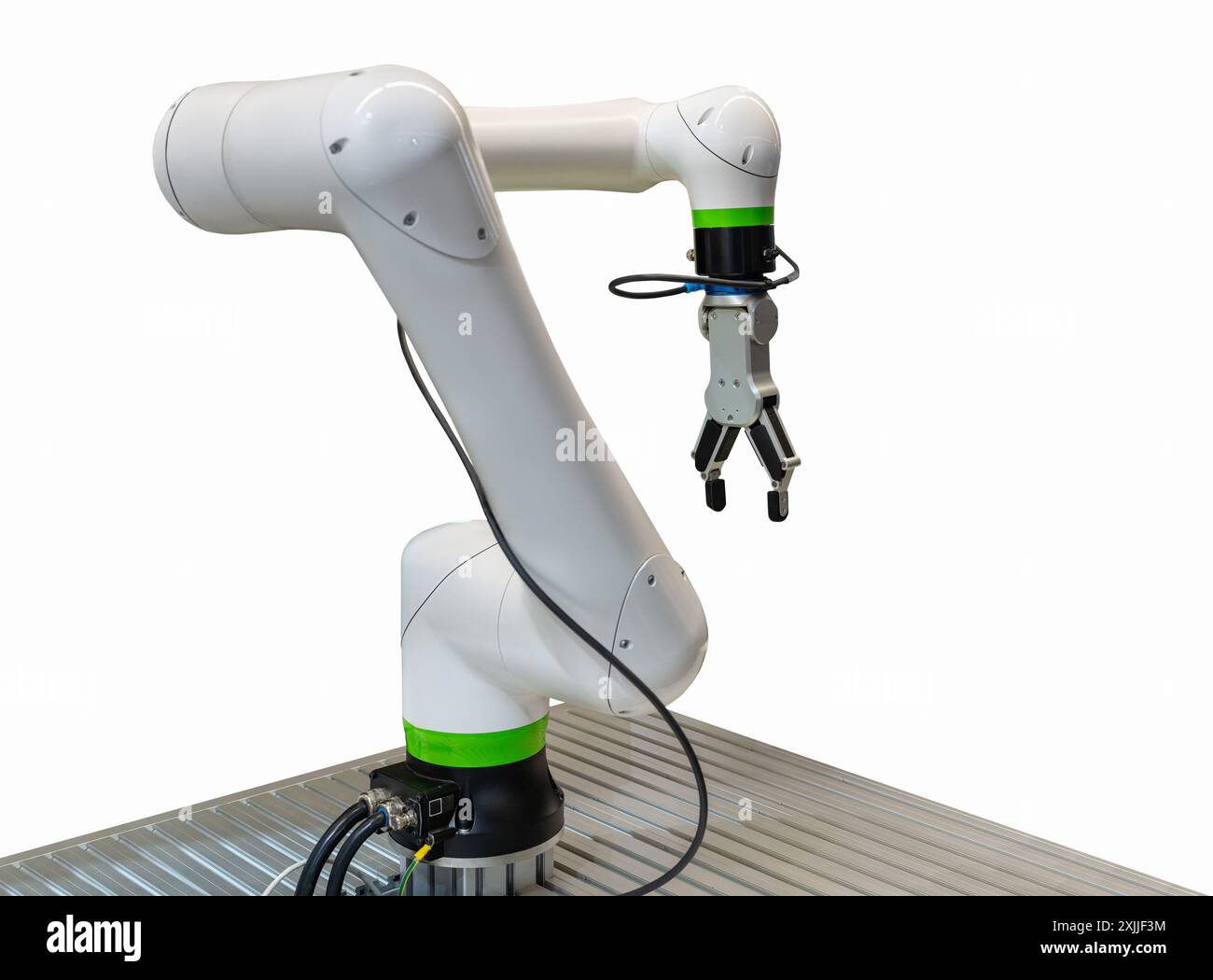 Isolated modern white robotic arm on a conveyor belt.Isolated modern ...