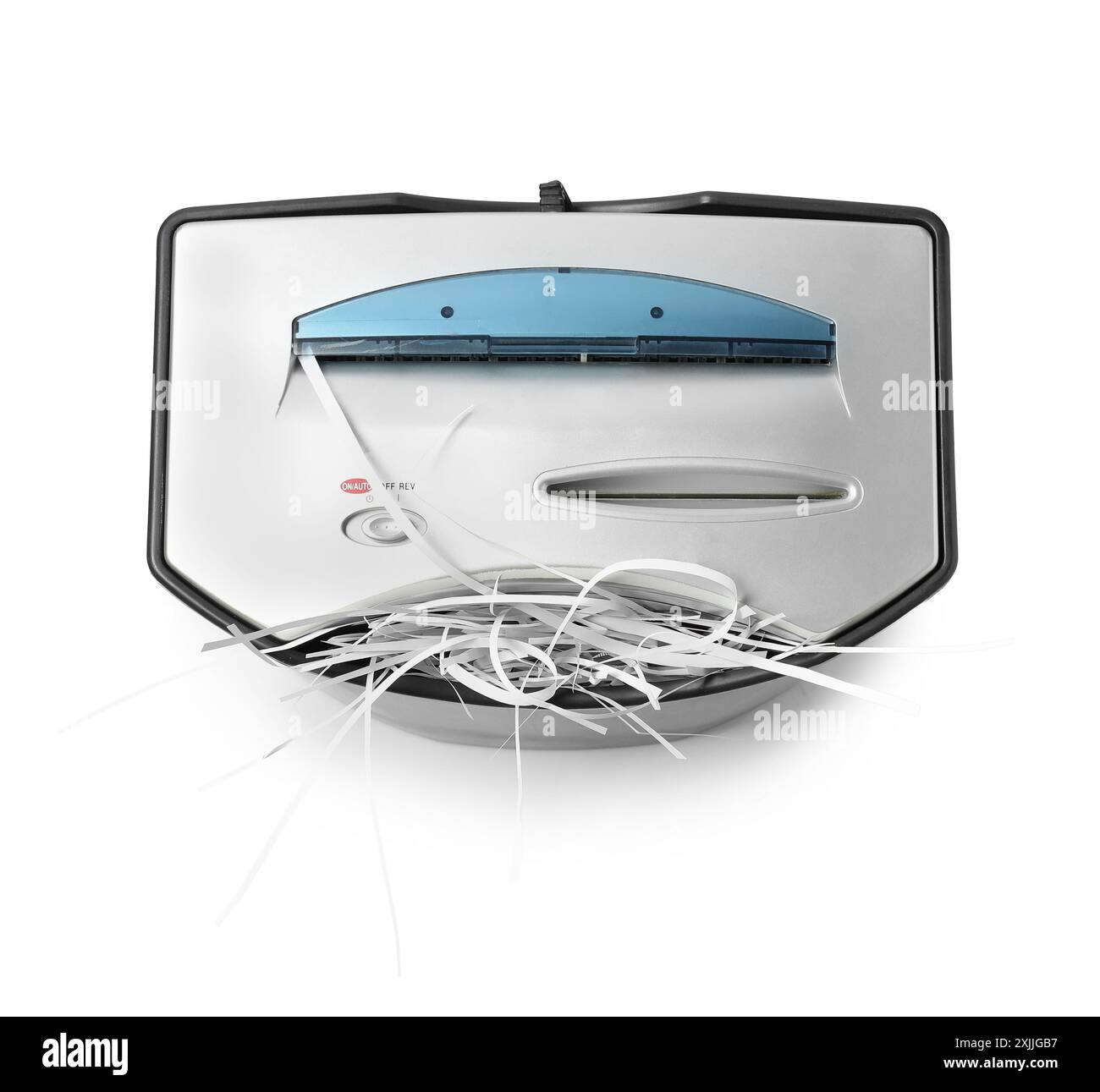 Shredder with paper strips isolated on white, top view Stock Photo - Alamy