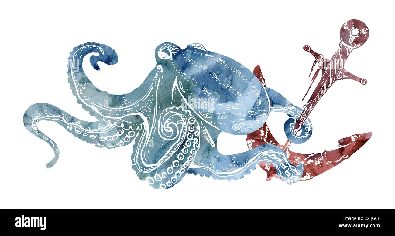 Watercolor and ink hand drawn marine life, sea ocean underwater ...