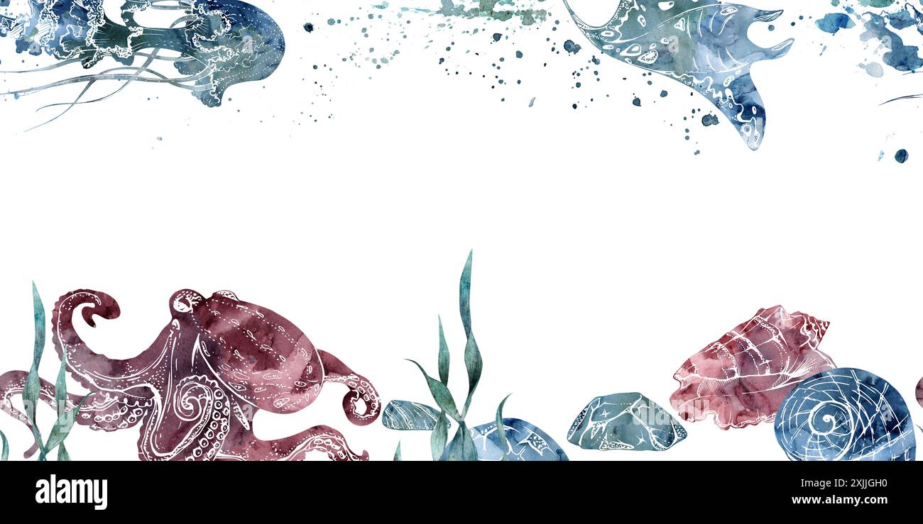 Watercolor and ink hand drawn marine life, sea ocean underwater ...